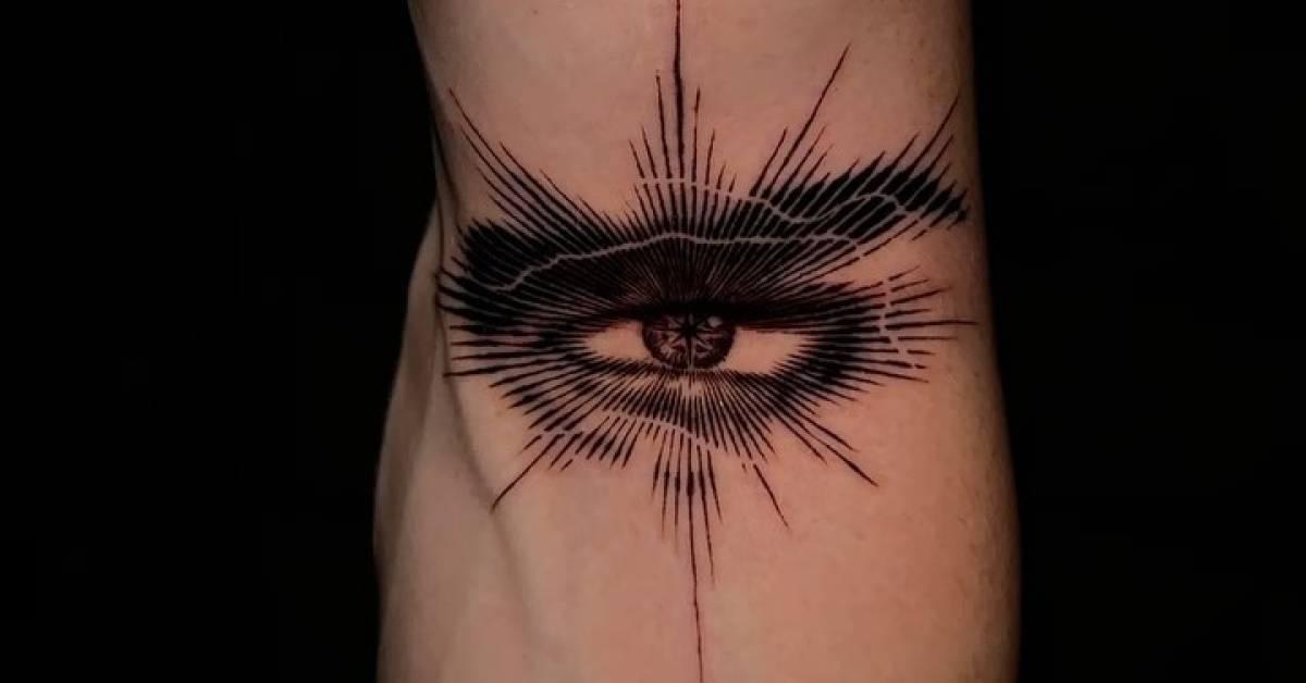 Blackwork style eye tattoo placed on the inner forearm.