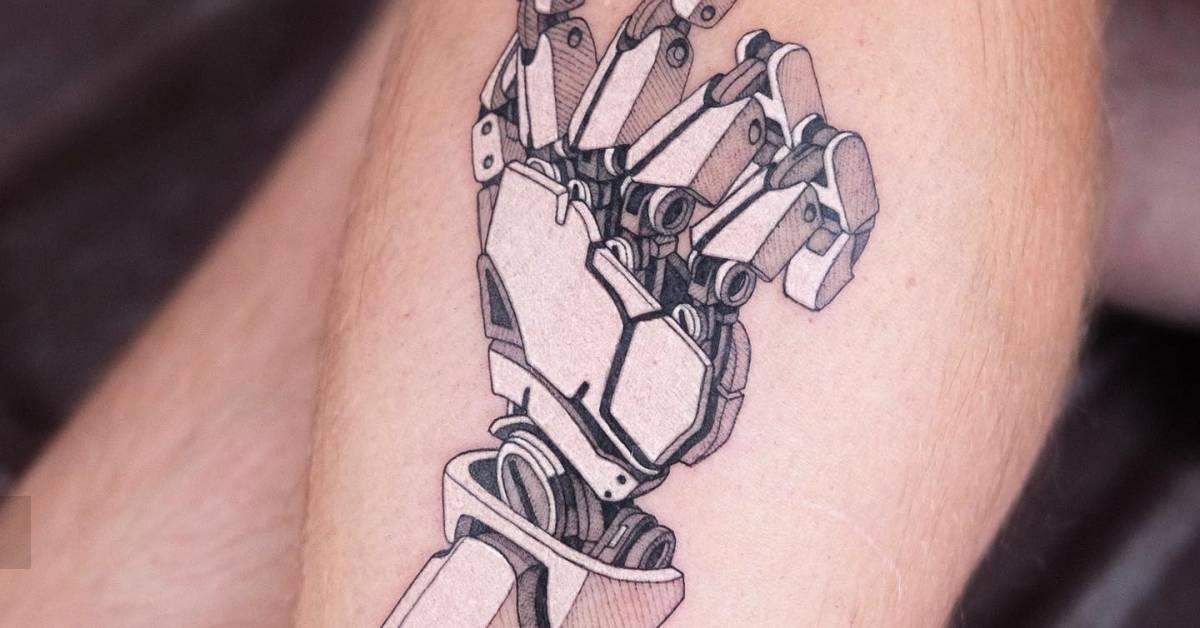 Robotic hand tattoo located on the shin, comic style.