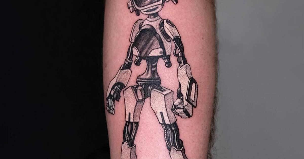 Humanoid robot tattoo in comic style located on the