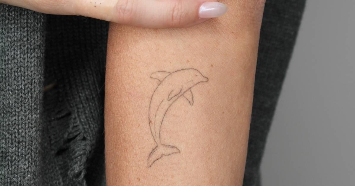 Healed fine line dolphin tattoo located on the forearm.