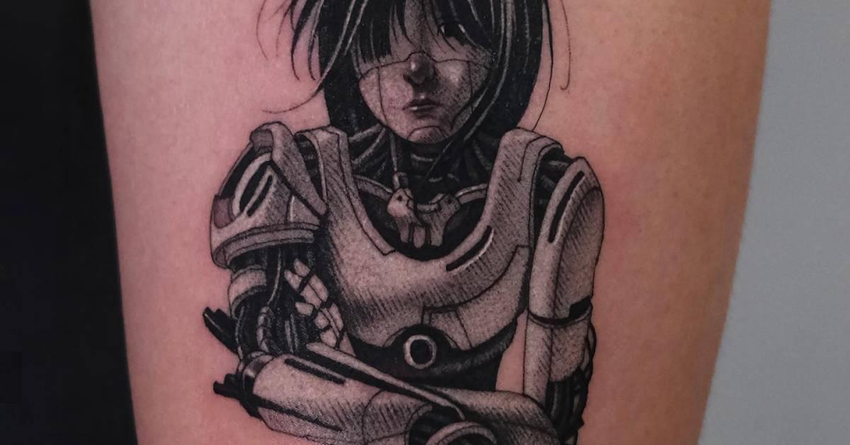 Cyborg girl tattoo located on the upper arm, comic