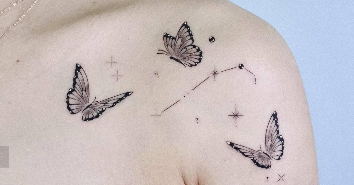 Butterflies and Aries constellation tattoo located on