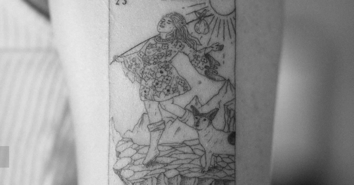 Fine line style "The Fool" tarot card located on the