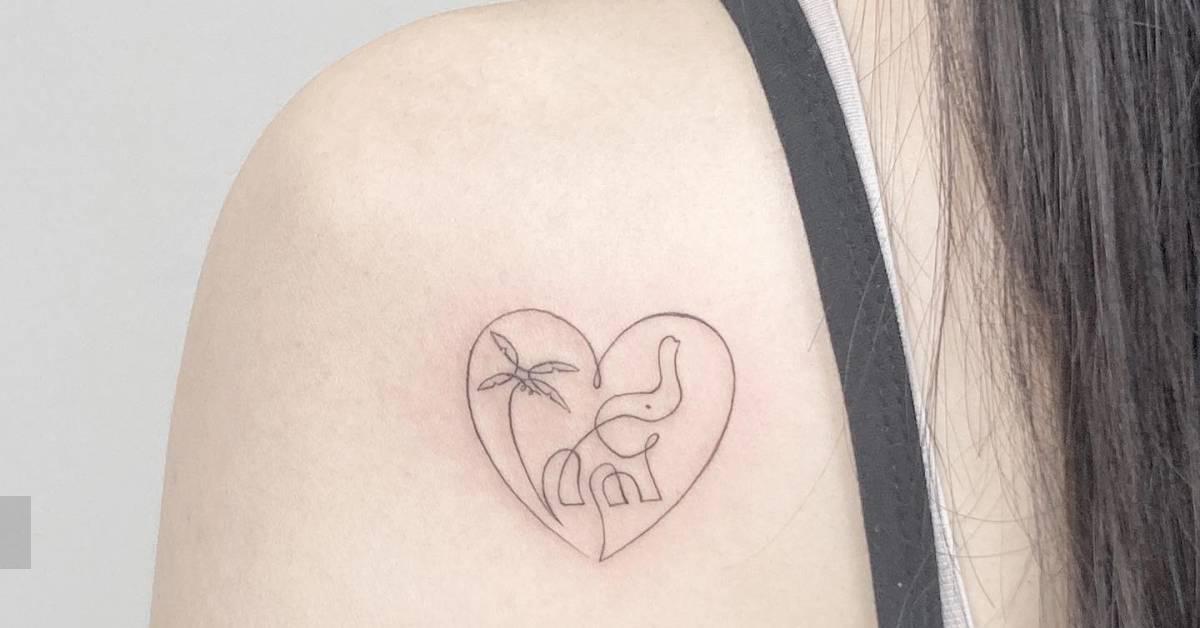 One line heart, palm tree and elephant tattoo located
