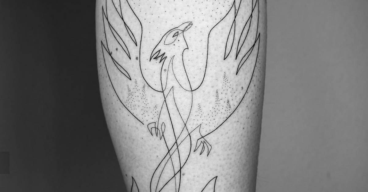 Continuous line phoenix tattoo located on the calf.