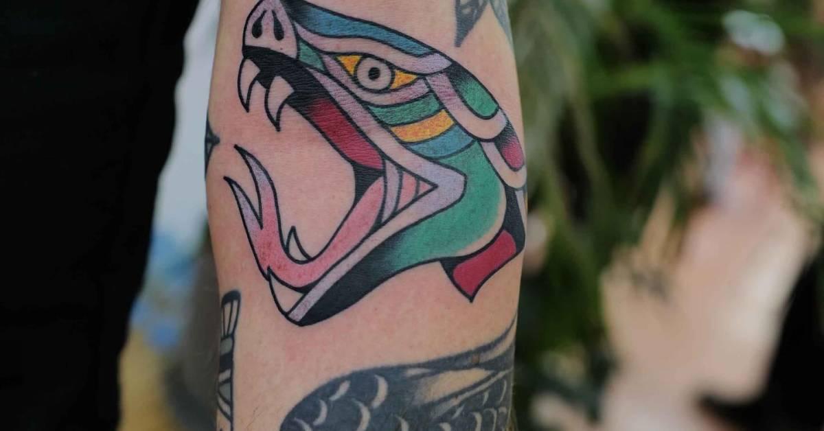 Snake head tattoo in traditional style located on the