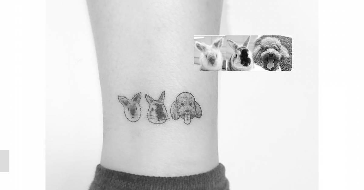 Rabbits and dog portrait tattoo located on the ankle.