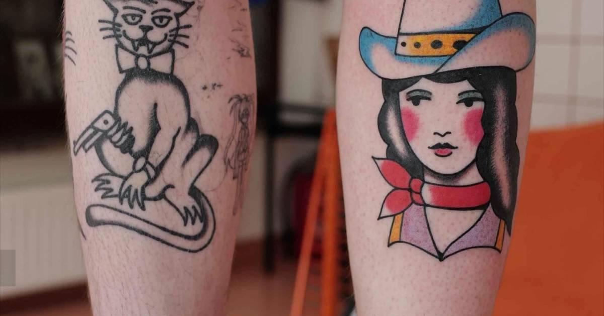 Healed cat and fresh cowgirl tattoos in traditional