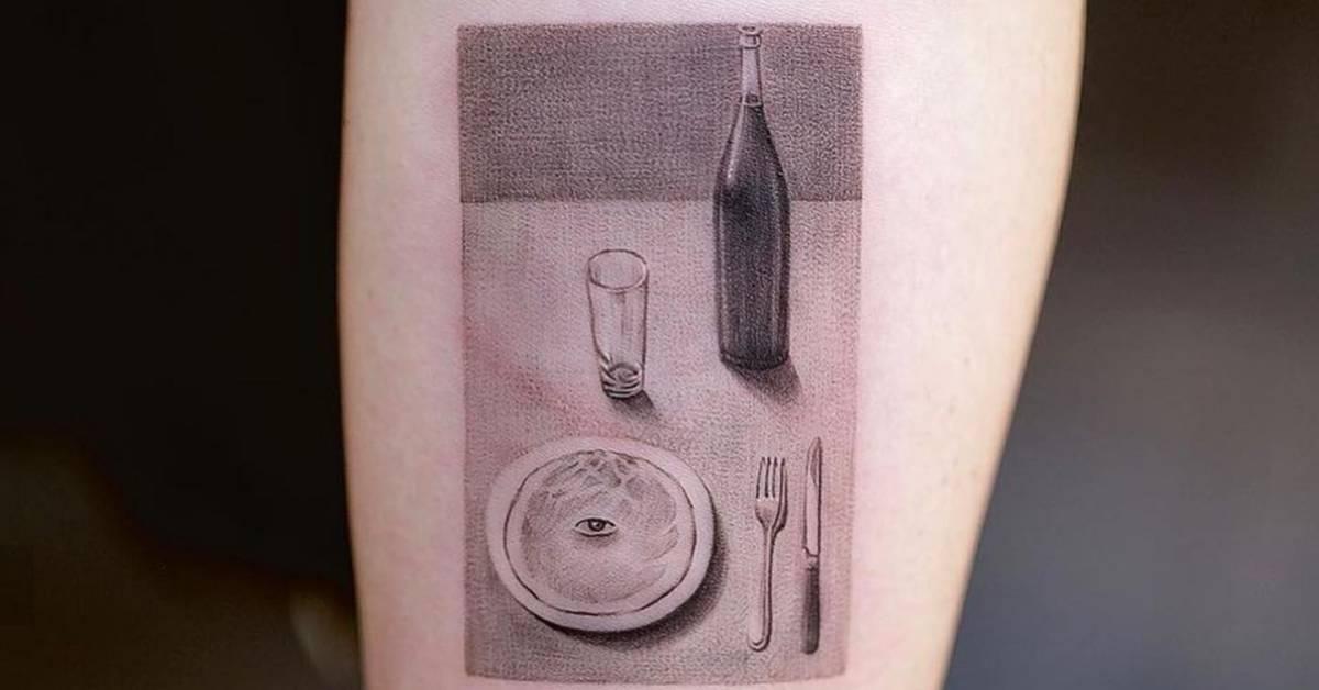 Still life tattoo located on the calf, micro-realistic