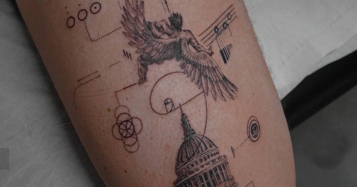 Graphic style Phaeton tattoo located on the thigh.