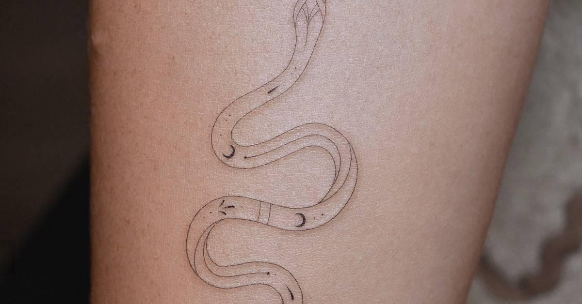 Snake tattoo placed on the inner forearm, done in fine