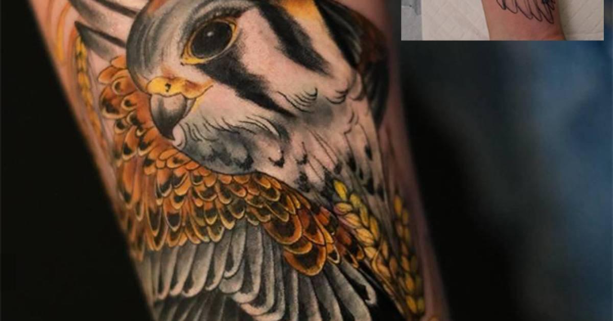 Hawk cover up tattoo located on the inner forearm.