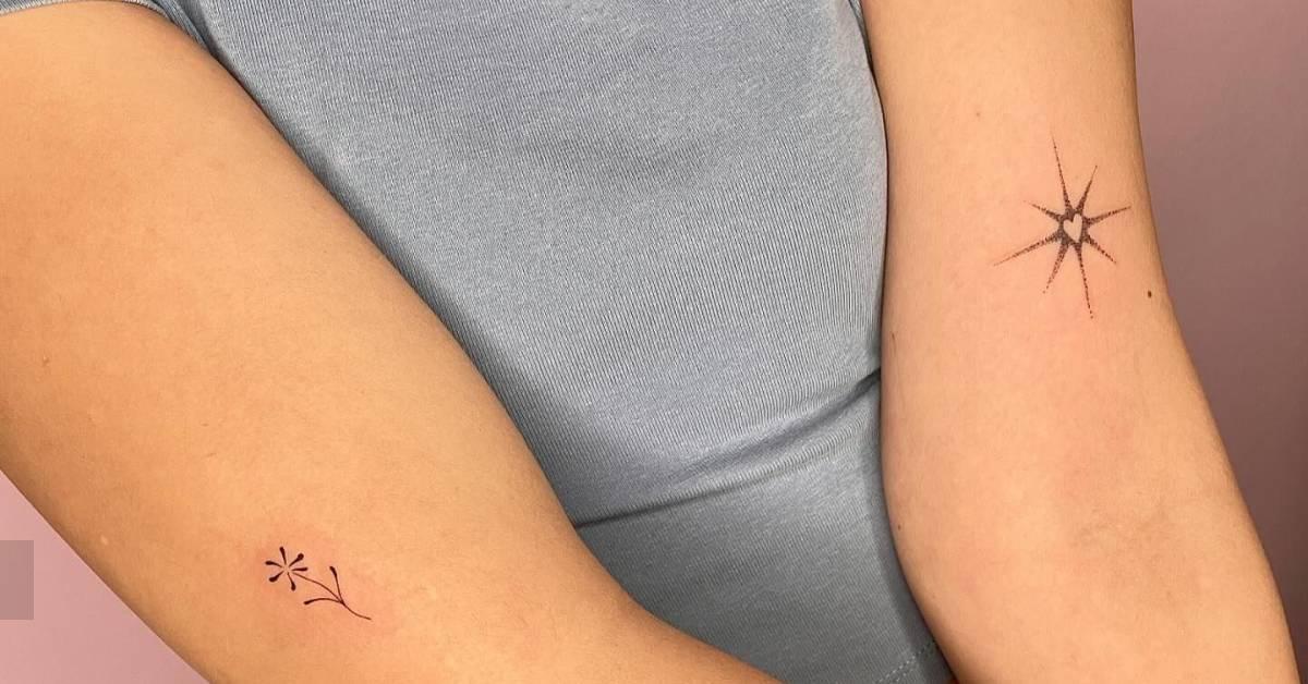 Flower and shiny heart tattoos, minimalistic style.