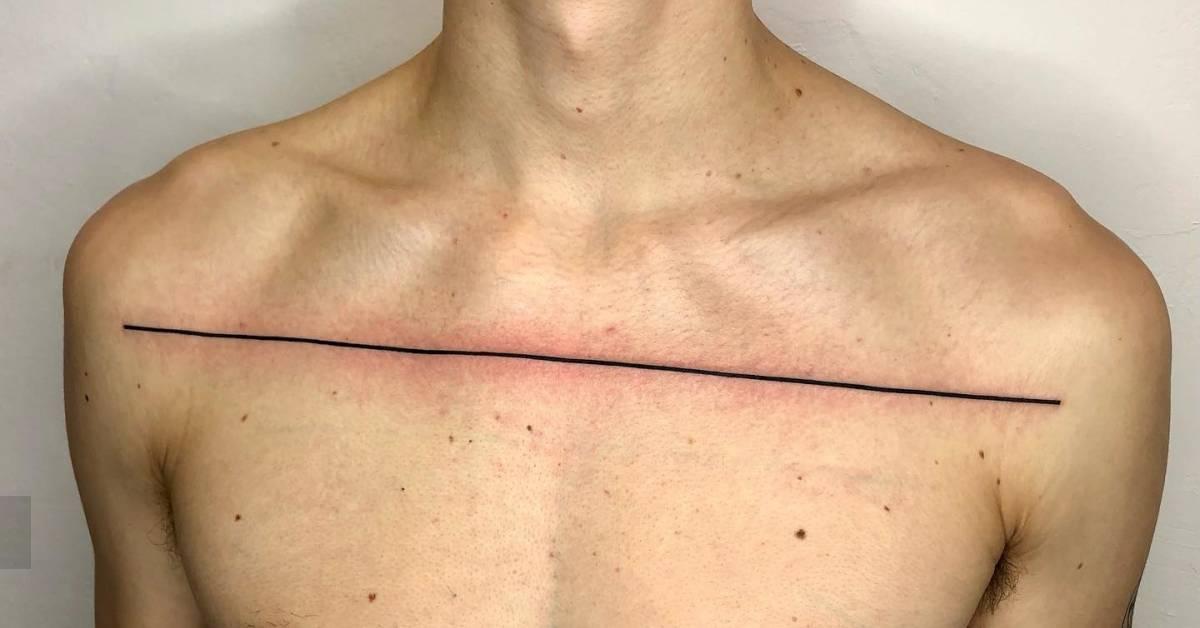 Minimalistic style line tattoo placed on the chest.