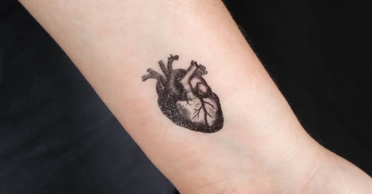 Engraving style anatomical heart temporary tattoo