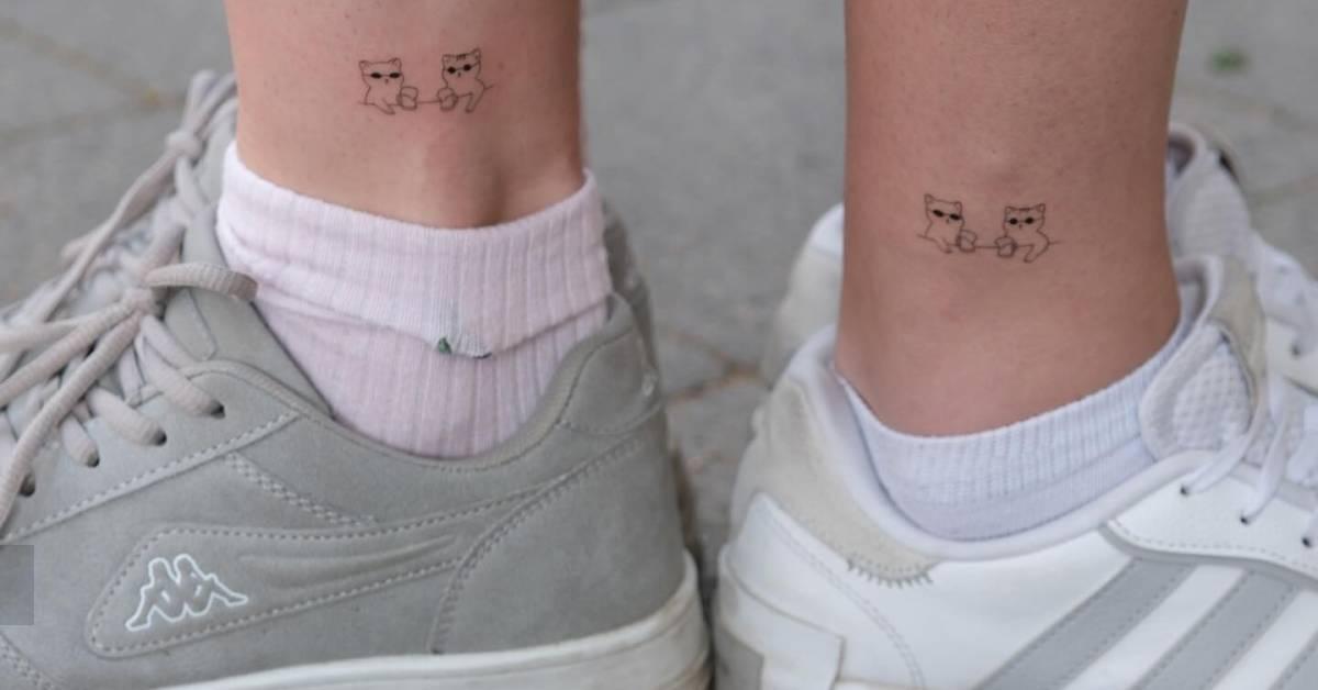 Matching little cats portrait tattoo for best friends.