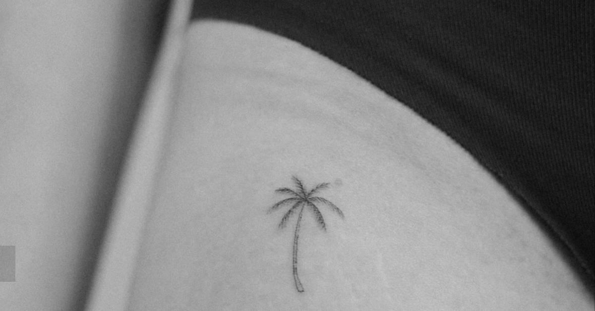 Fine line style little palm tree tattoo placed on the