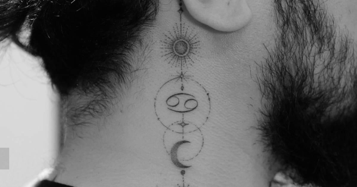 Single needle sun, moon and Cancer zodiac symbol