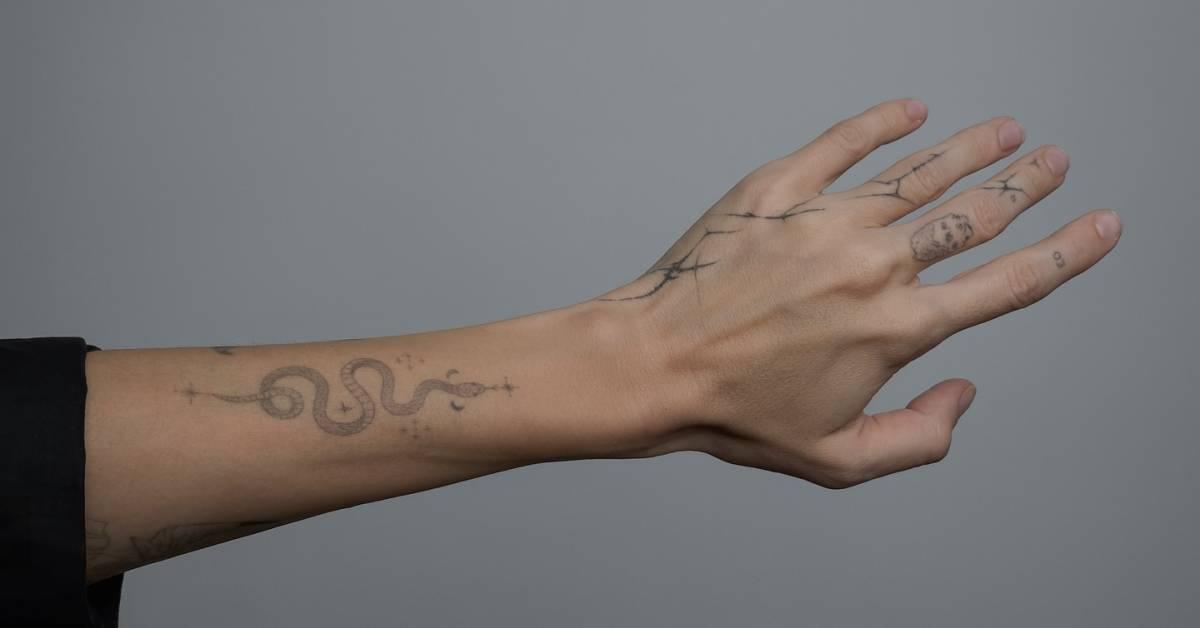 Healed single needle snake tattoo located onm the