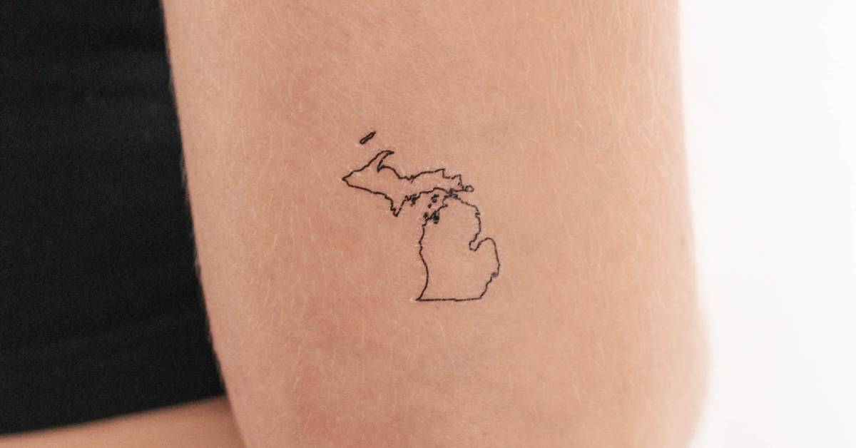 Fine line style Michigan map outline temporary tattoo.