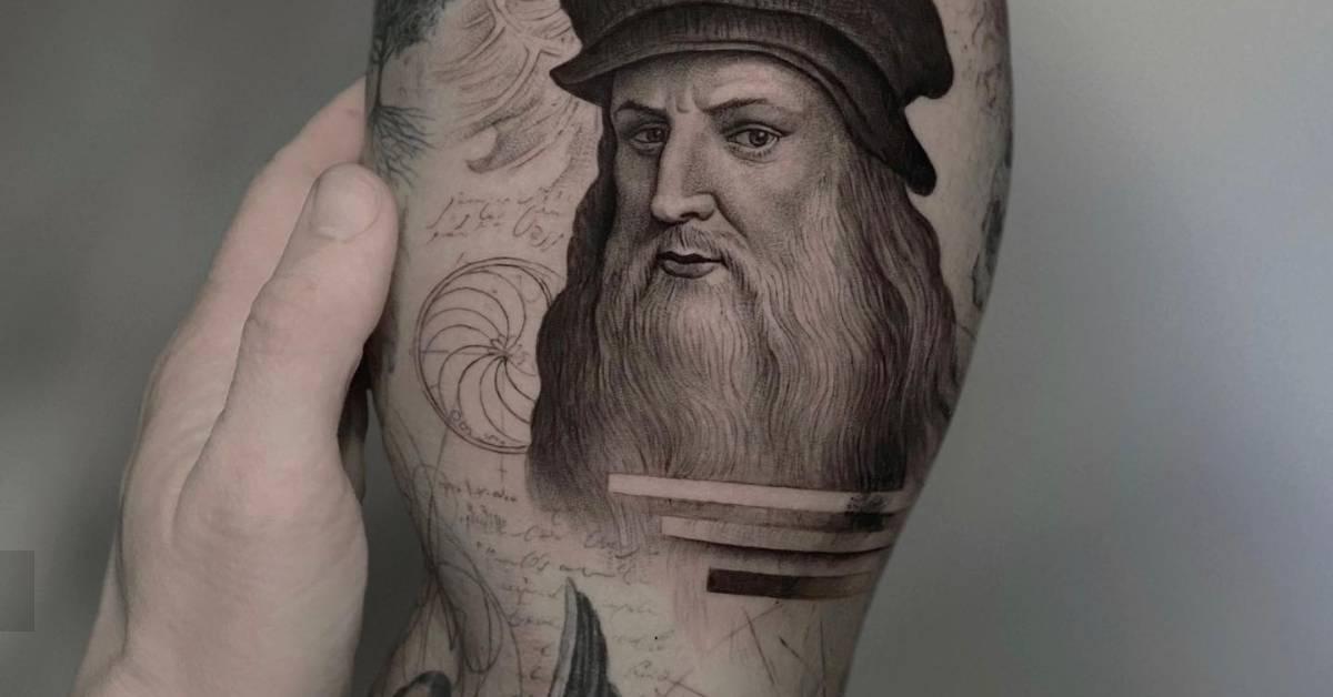 Da Vinci portrait tattoo located on the inner arm, done