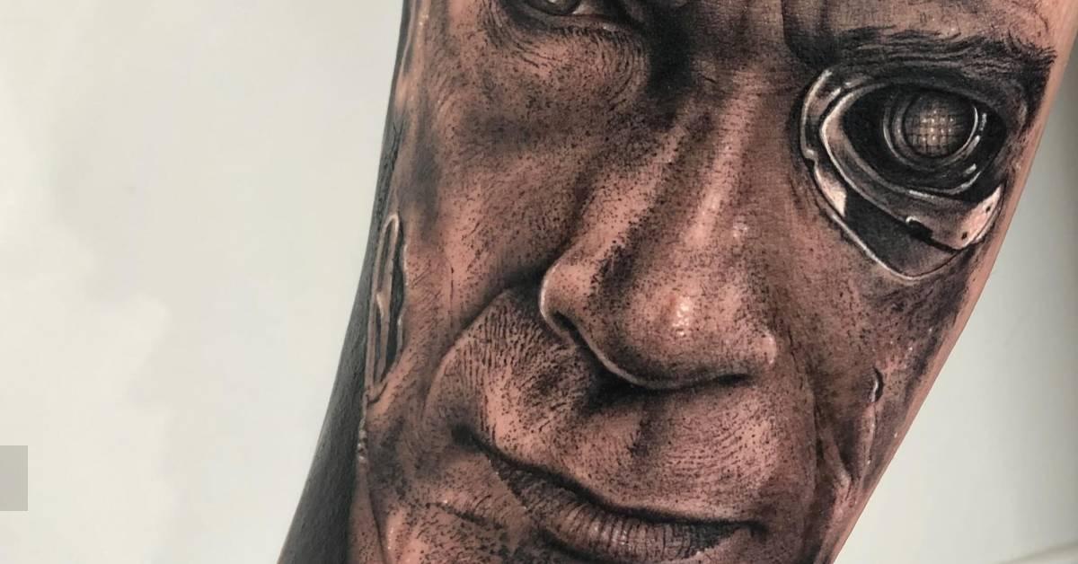 The Terminator tattoo located on the inner forearm.