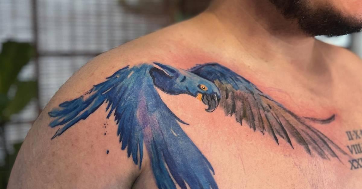 Watercolor style macaw tattoo located on the shoulder.