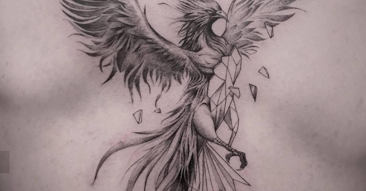 Large phoenix tattoo located on the back, illustrative