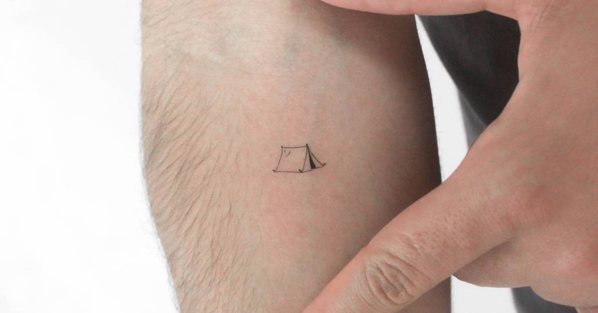 Camping tent temporary tattoo in fine line style