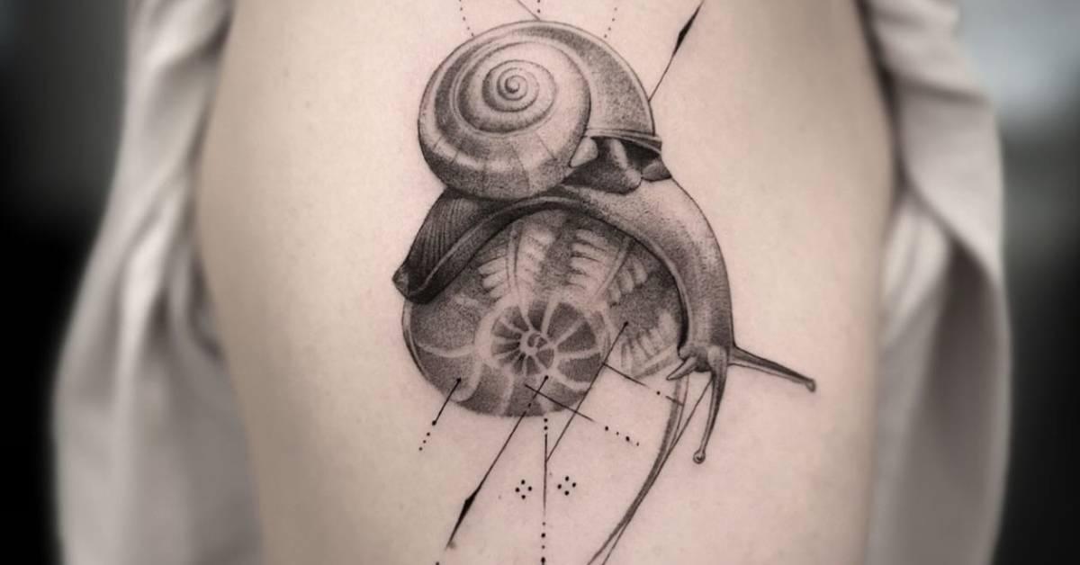 Graphic style snail tattoo located on the upper arm.