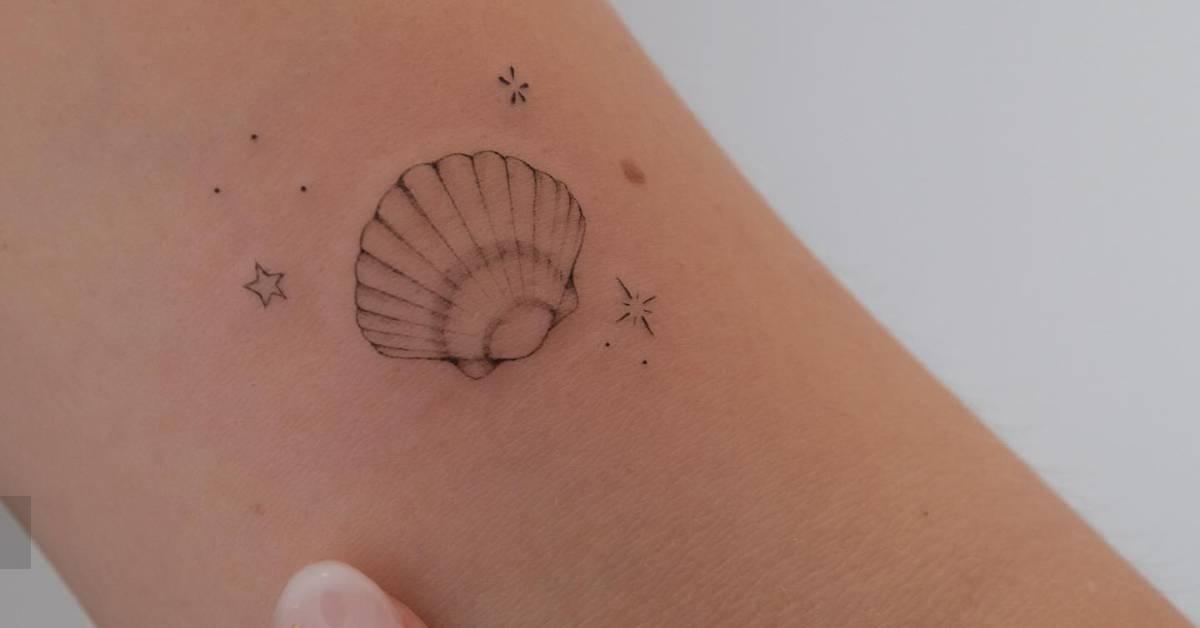 Scallop shell tattoo placed on the bicep, fine line