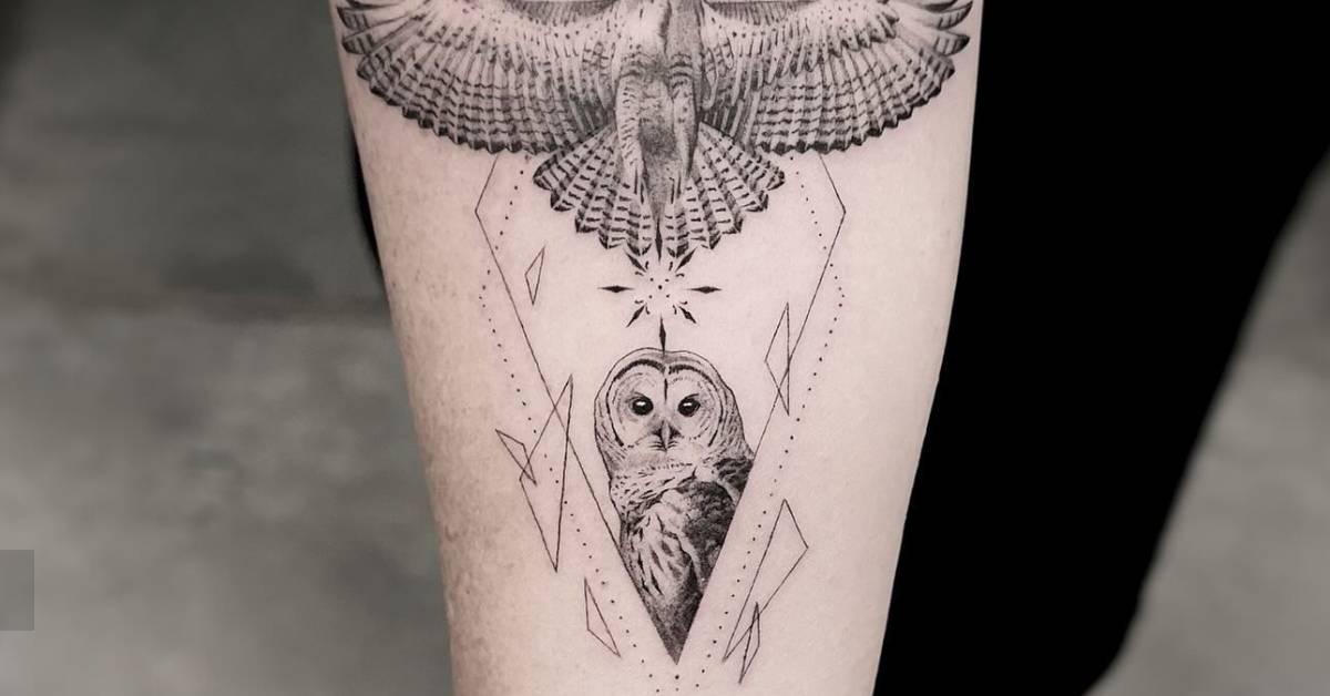 Graphic style eagle and owl tattoo located on the inner