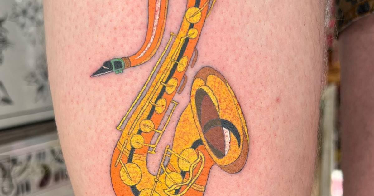 Sax Tattoos Saxophone Tattoo Located On The Thigh, Illustrative