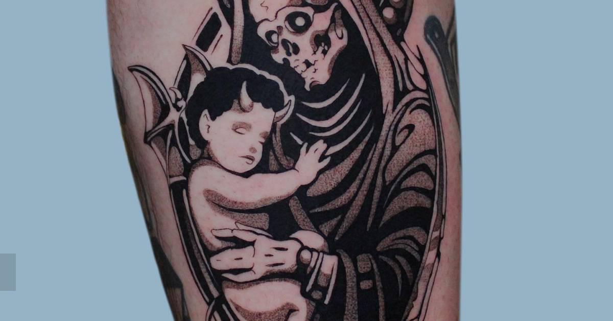 Grim Reaper and little demon tattoo located on the