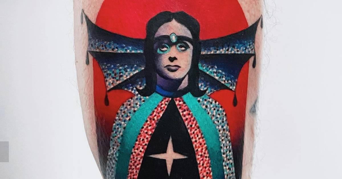 Peter Gabriel tattoo located on the calf, pop art