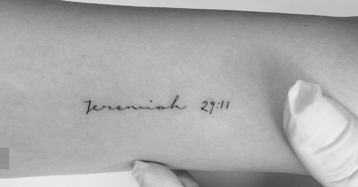 "Jeremiah 29:11" handwritten lettering tattoo placed on
