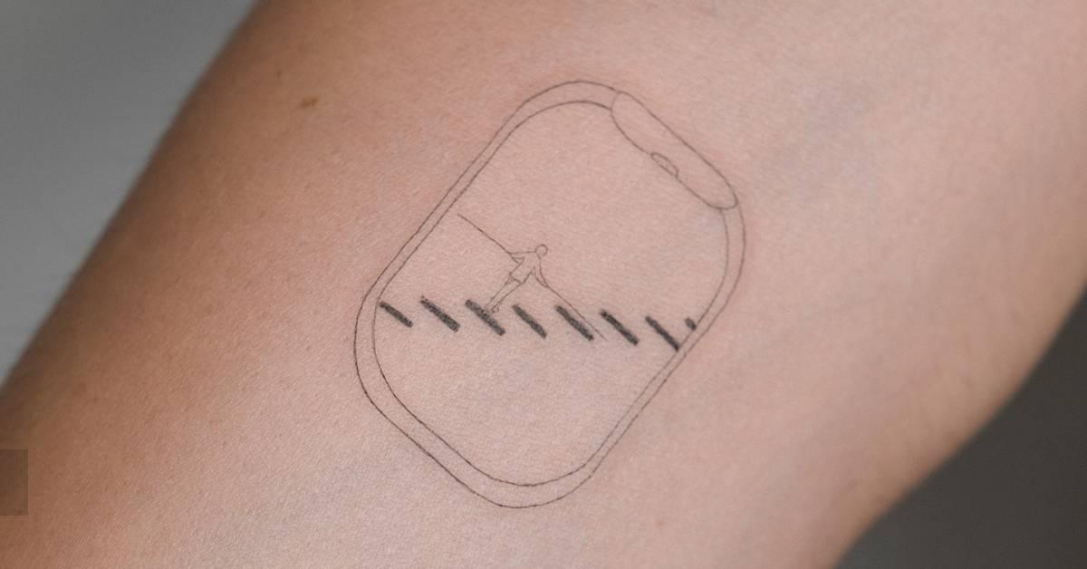 Funambulist and airplane window tattoo in fine line