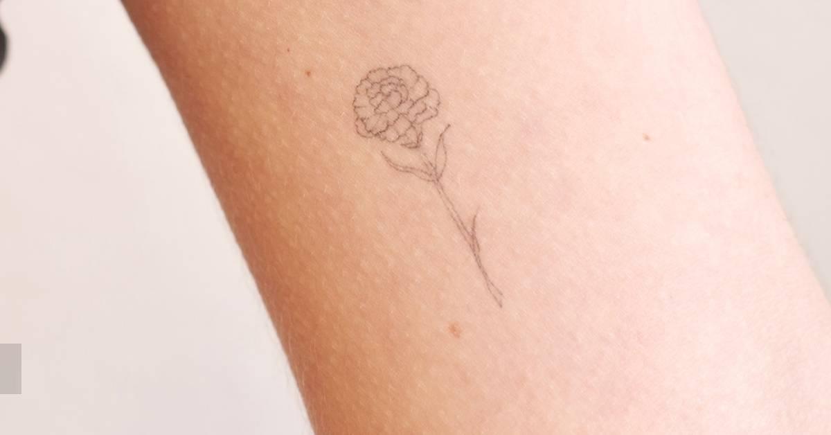 Carnation flower in fine line style tattooed on the
