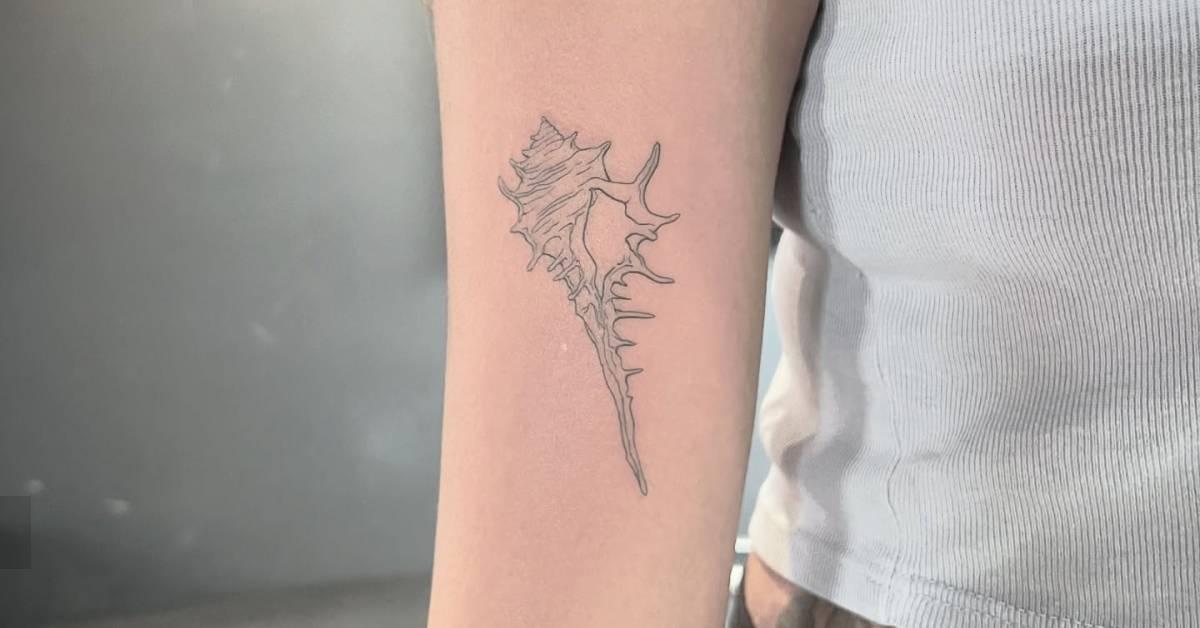Fine line style tulip shell tattoo located on the upper