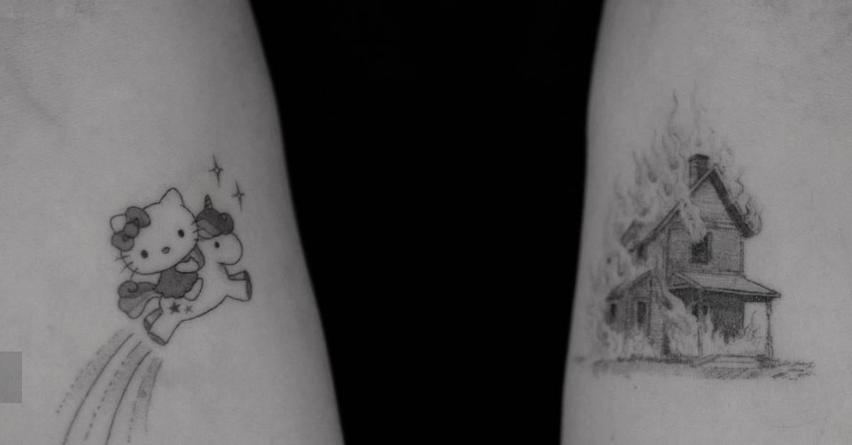 Single needle Hello Kitty and burning house tattoos