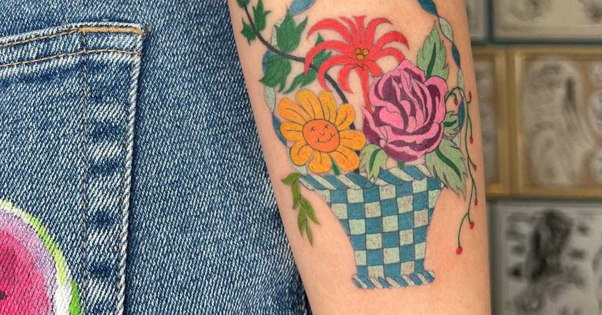 Flower basket tattoo located on the forearm,