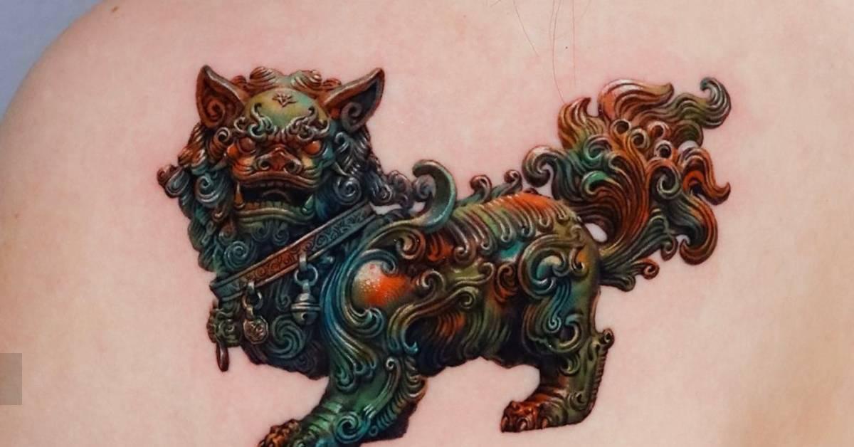 Realistic style Xiezhi or Haetae tattoo located on the