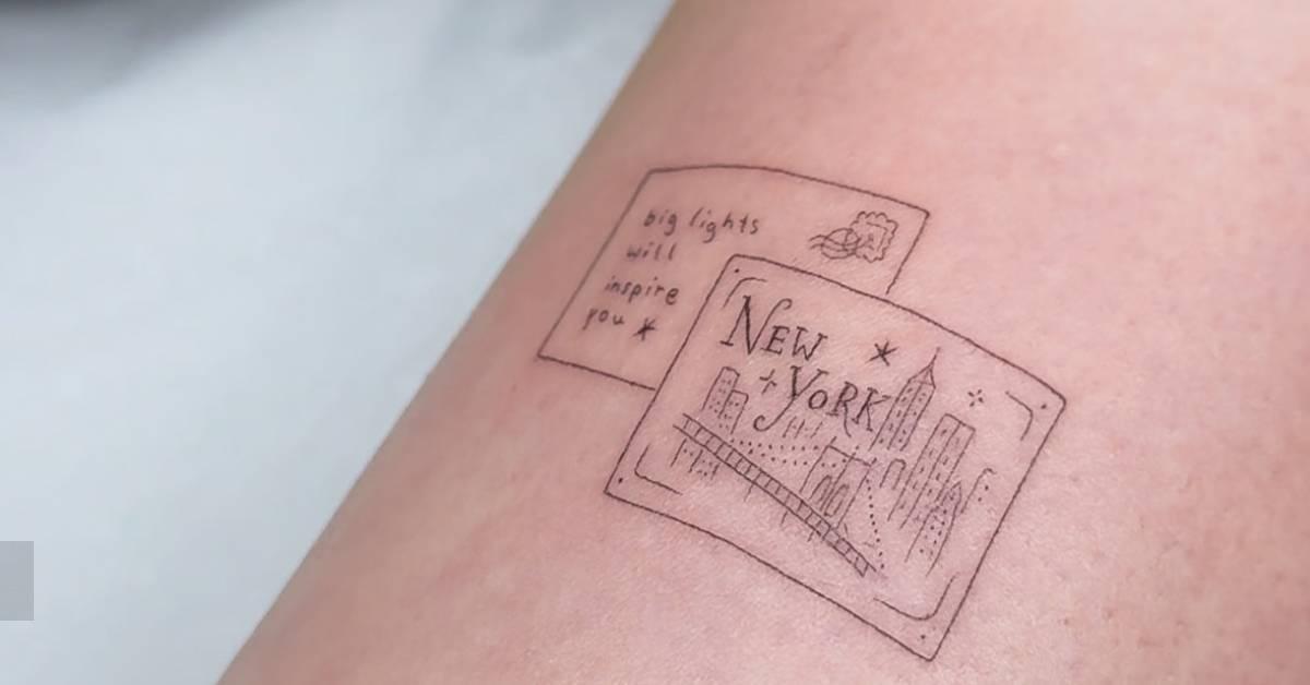 New York postcard tattoo ion fine line style located on