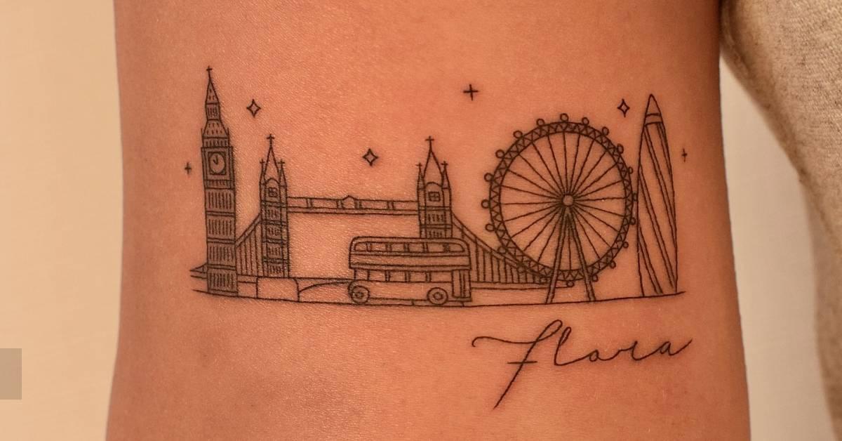 Fine line style London skyline tattoo located on the