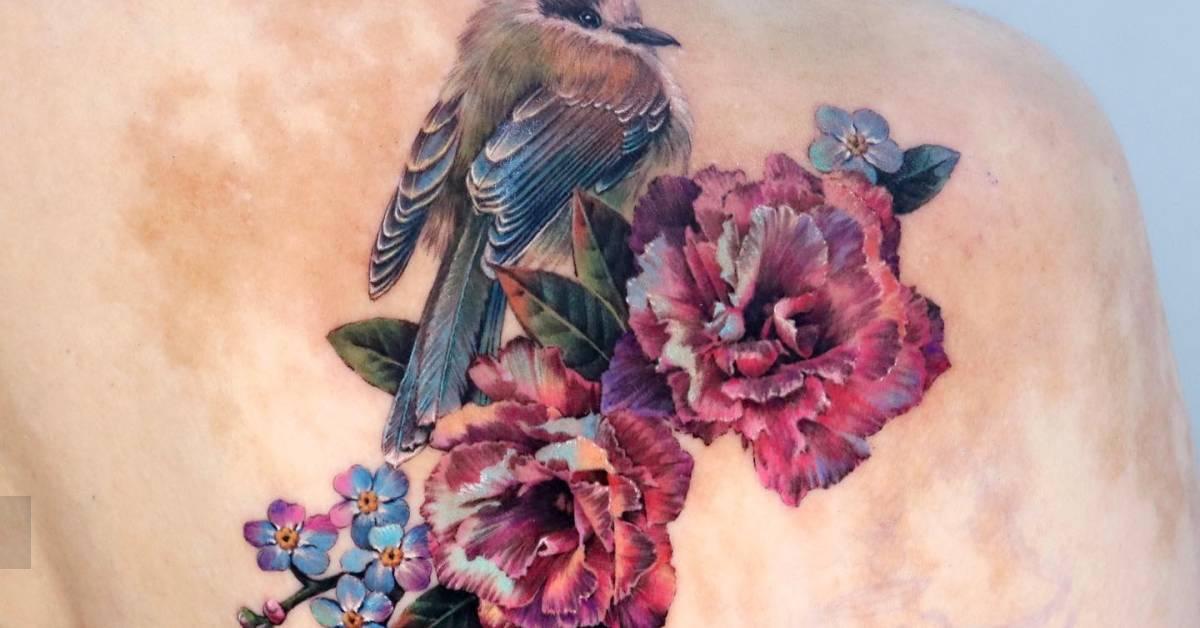 Realistic style bird, peony and forget-me-not birthmark