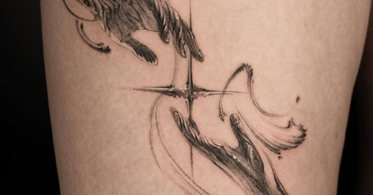 Hands tattoo located on the thigh, abstract style.