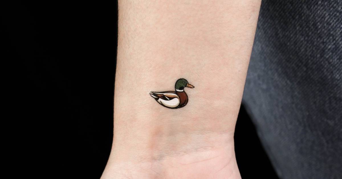 Male duck temporary tattoo located on the wrist.