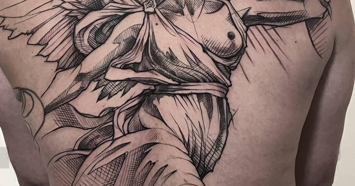 Sketch work style angel backpiece tattoo.