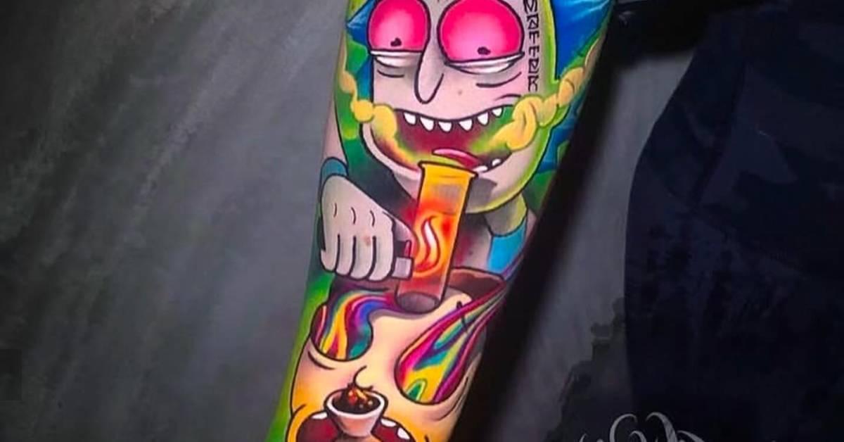 Cartoon style Rick tattoo located on the inner forearm.