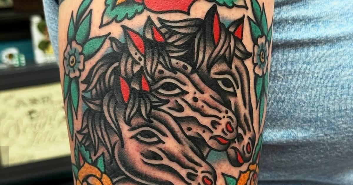 'Pharaoh's Horses' tattoo in traditional style located